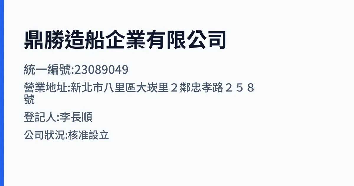 鼎勝造船企業有限公司 - 統編 23089049（新北市） 公司登記資料與營業項目詳細圖表