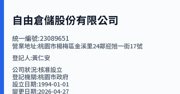 自由倉儲股份有限公司的照片-統編 23089651(桃園市) 公司登記資料與營業項目詳細圖表