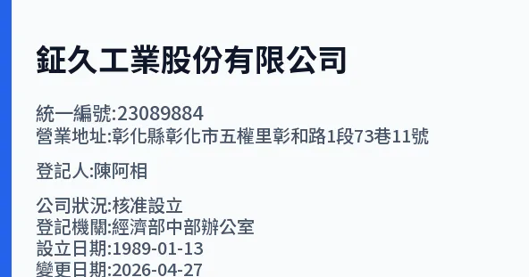 鉦久工業股份有限公司的照片-統編 23089884(彰化縣) 公司登記資料與營業項目詳細圖表