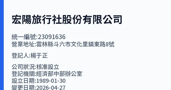 宏陽旅行社股份有限公司的照片-統編 23091636(雲林縣) 公司登記資料與營業項目詳細圖表
