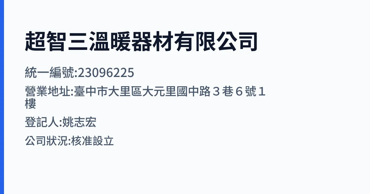 超智三溫暖器材有限公司 - 統編 23096225(臺中市) 公司登記資料與營業項目詳細圖表