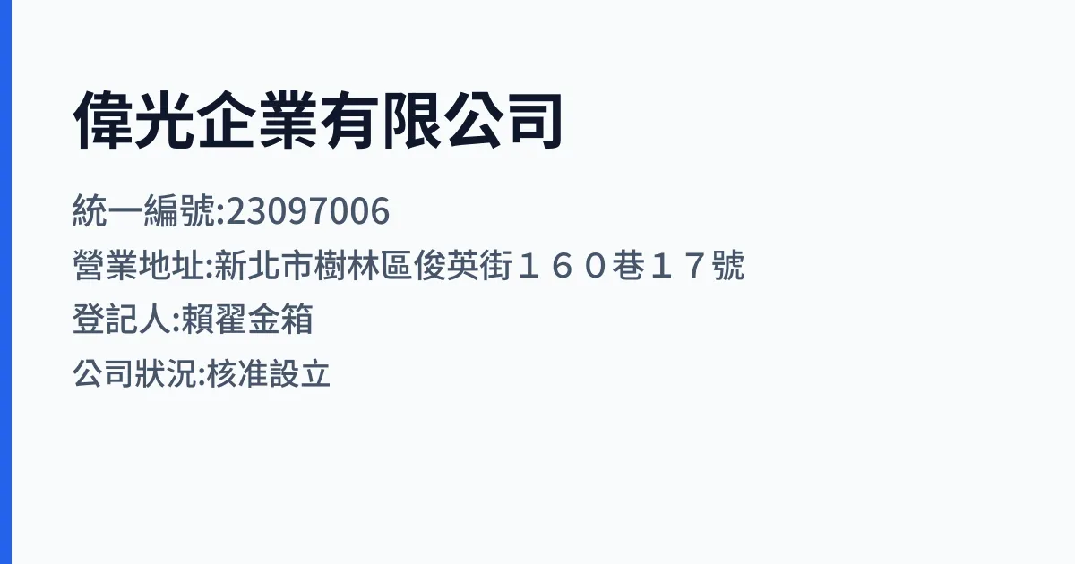 偉光企業有限公司 - 統編 23097006(新北市) 公司登記資料與營業項目詳細圖表