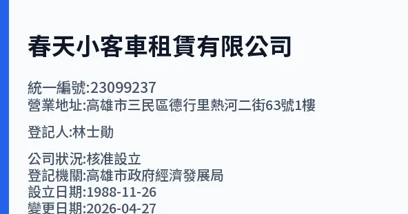 春天小客車租賃有限公司的照片-統編 23099237(高雄市) 公司登記資料與營業項目詳細圖表