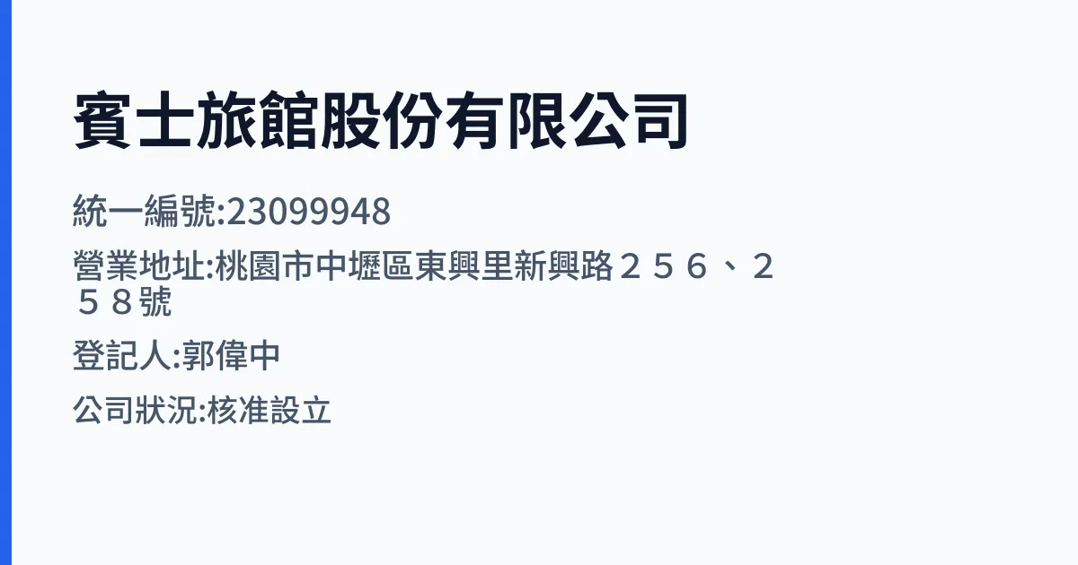賓士旅館股份有限公司 - 統編 23099948(桃園市) 公司登記資料與營業項目詳細圖表