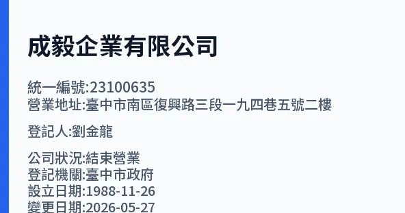 成毅企業有限公司的照片-統編 23100635(臺中市) 公司登記資料與營業項目詳細圖表