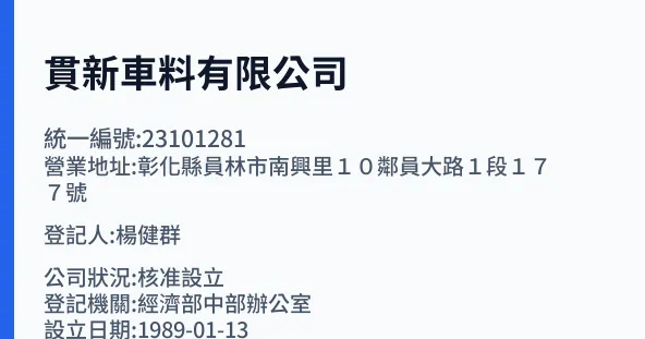 貫新車料有限公司的照片-統編 23101281(彰化縣) 公司登記資料與營業項目詳細圖表