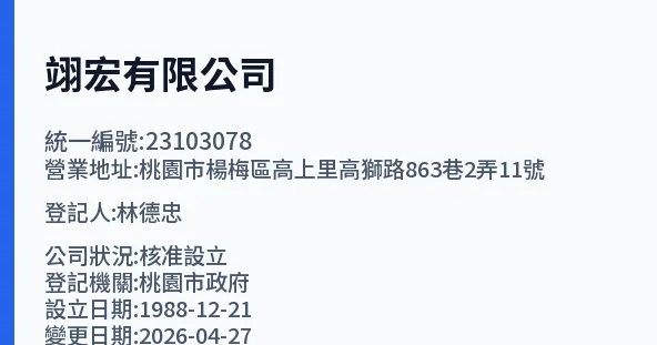 翊宏有限公司的照片-統編 23103078(桃園市) 公司登記資料與營業項目詳細圖表