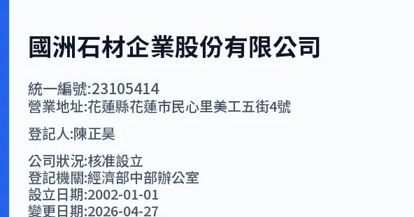 國洲石材企業股份有限公司的照片-統編 23105414(花蓮縣) 公司登記資料與營業項目詳細圖表