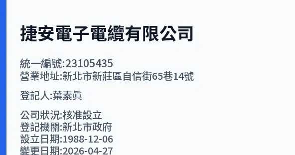 捷安電子電纜有限公司的照片-統編 23105435(新北市) 公司登記資料與營業項目詳細圖表