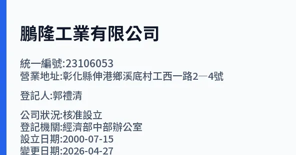 鵬隆工業有限公司的照片-統編 23106053(彰化縣) 公司登記資料與營業項目詳細圖表
