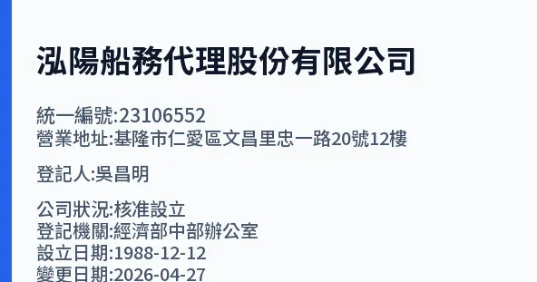 泓陽船務代理股份有限公司的照片-統編 23106552(基隆市) 公司登記資料與營業項目詳細圖表