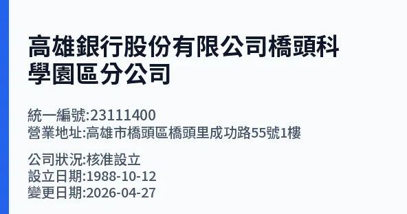 高雄銀行股份有限公司橋頭科學園區分公司的照片-統編 23111400(高雄市) 公司登記資料與營業項目詳細圖表