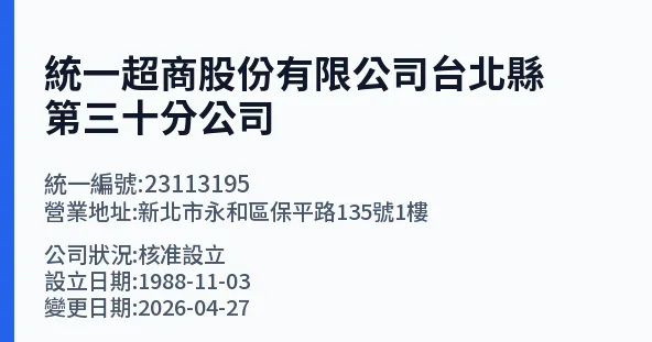 統一超商股份有限公司台北縣第三十分公司的照片-統編 23113195(新北市) 公司登記資料與營業項目詳細圖表