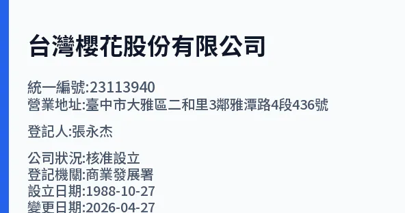 台灣櫻花股份有限公司的照片-統編 23113940(臺中市) 公司登記資料與營業項目詳細圖表
