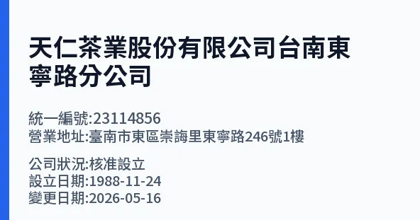 天仁茶業股份有限公司台南東寧路分公司的照片-統編 23114856(臺南市) 公司登記資料與營業項目詳細圖表
