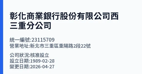 彰化商業銀行股份有限公司西三重分公司的照片-統編 23115709(新北市) 公司登記資料與營業項目詳細圖表