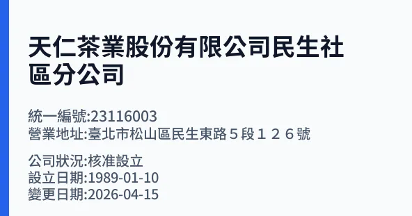 天仁茶業股份有限公司民生社區分公司的照片-統編 23116003(臺北市) 公司登記資料與營業項目詳細圖表