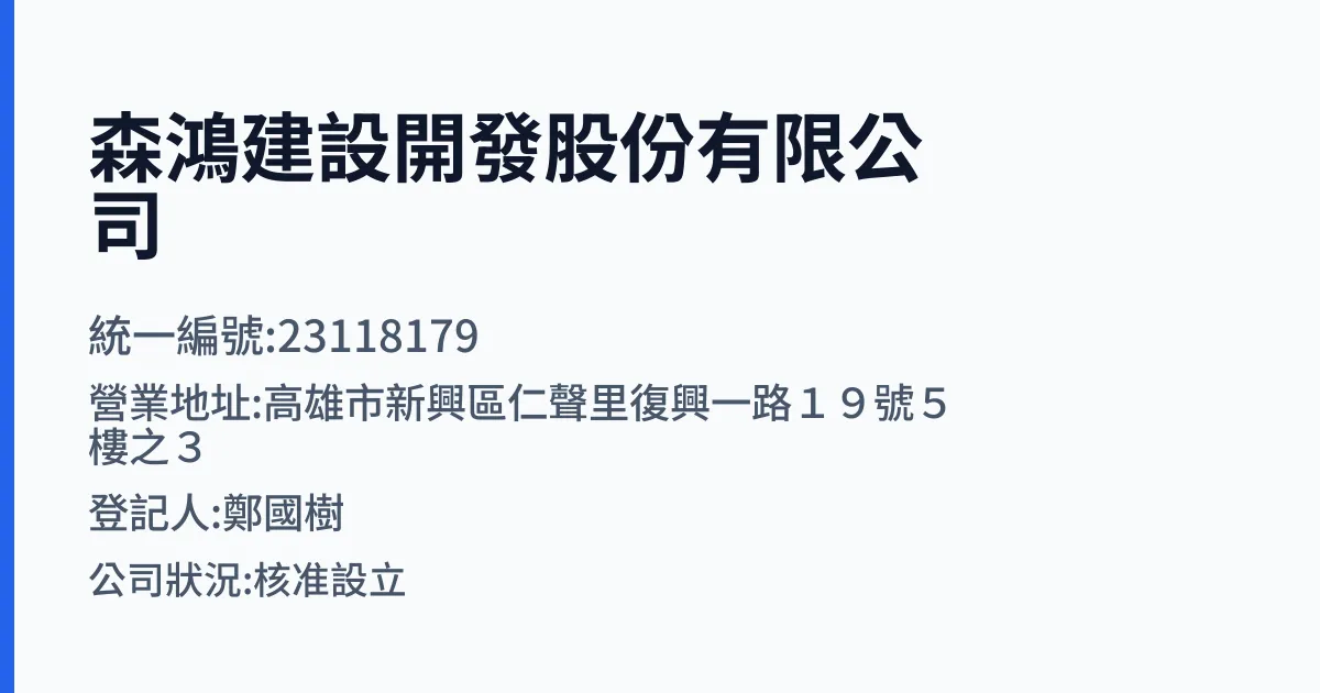 森鴻建設開發股份有限公司 - 統編 23118179(高雄市) 公司登記資料與營業項目詳細圖表