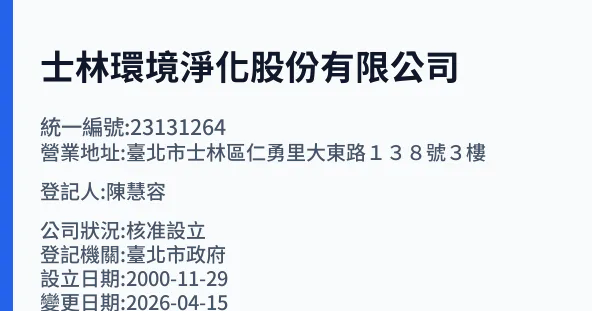 士林環境淨化股份有限公司的照片-統編 23131264(臺北市) 公司登記資料與營業項目詳細圖表