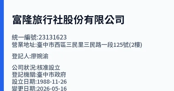 富隆旅行社股份有限公司的照片-統編 23131623(臺中市) 公司登記資料與營業項目詳細圖表