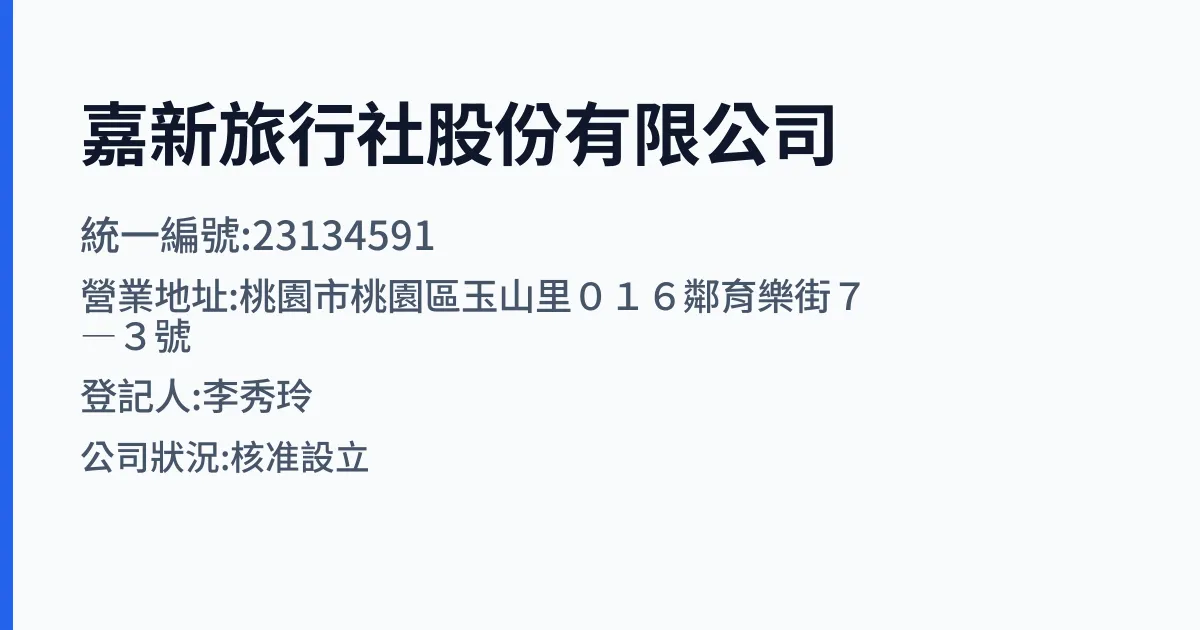 嘉新旅行社股份有限公司 - 統編 23134591(桃園市) 公司登記資料與營業項目詳細圖表
