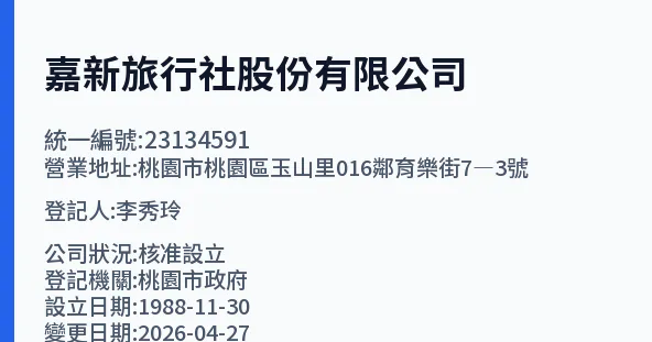 嘉新旅行社股份有限公司的照片-統編 23134591(桃園市) 公司登記資料與營業項目詳細圖表