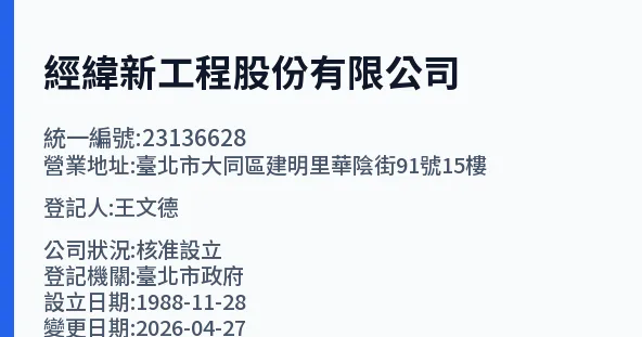 經緯新工程股份有限公司的照片-統編 23136628(臺北市) 公司登記資料與營業項目詳細圖表