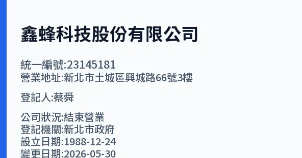 鑫蜂科技股份有限公司的照片-統編 23145181(新北市) 公司登記資料與營業項目詳細圖表
