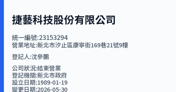 捷藝科技股份有限公司的照片-統編 23153294(新北市) 公司登記資料與營業項目詳細圖表