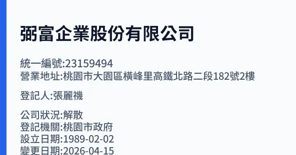弼富企業股份有限公司的照片-統編 23159494(桃園市) 公司登記資料與營業項目詳細圖表