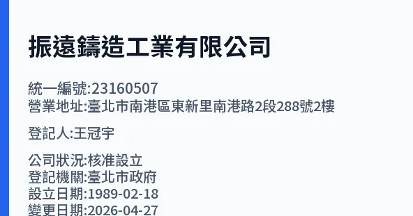 振遠鑄造工業有限公司的照片-統編 23160507(臺北市) 公司登記資料與營業項目詳細圖表