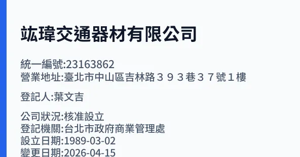 竑瑋交通器材有限公司的照片-統編 23163862(臺北市) 公司登記資料與營業項目詳細圖表