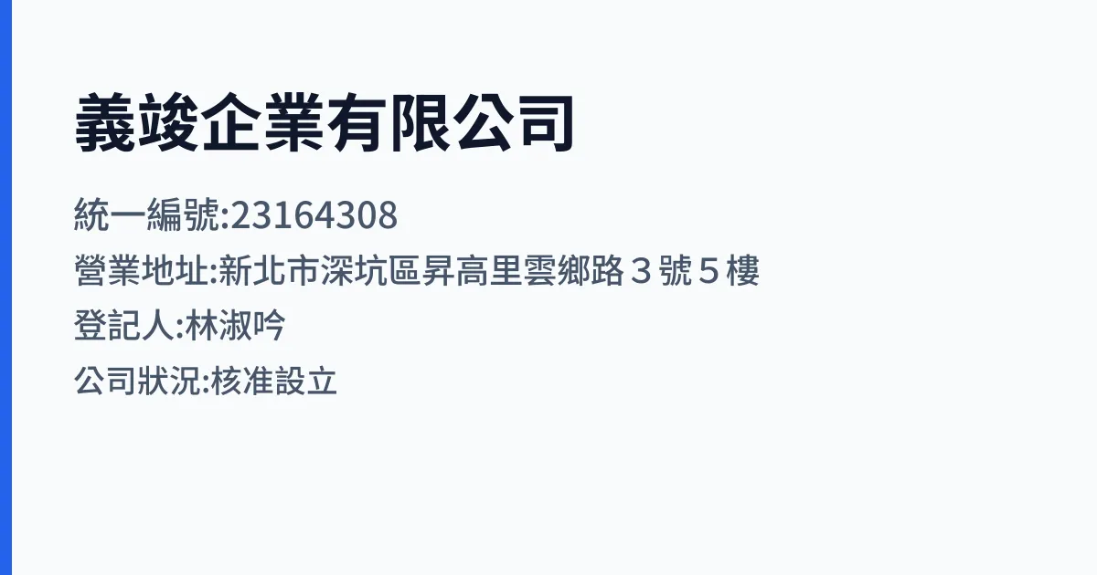 義竣企業有限公司 - 統編 23164308(新北市) 公司登記資料與營業項目詳細圖表