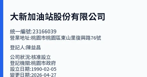 大新加油站股份有限公司的照片-統編 23166039(桃園市) 公司登記資料與營業項目詳細圖表
