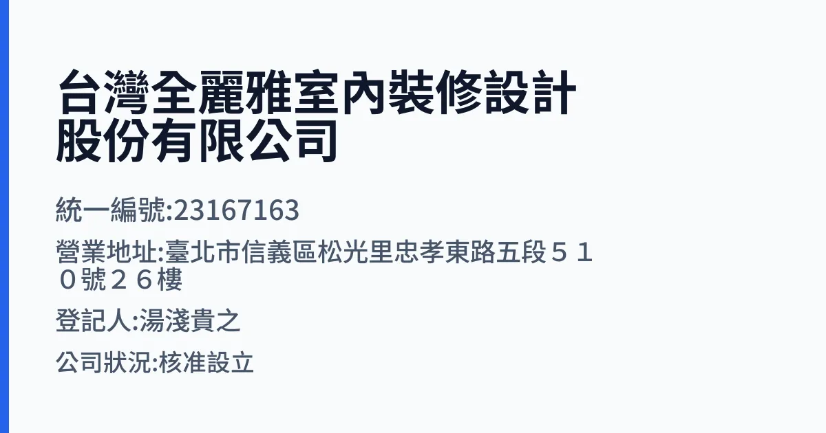 台灣全麗雅室內裝修設計股份有限公司 - 統編 23167163(臺北市) 公司登記資料與營業項目詳細圖表