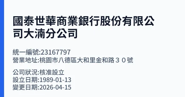國泰世華商業銀行股份有限公司大湳分公司的照片-統編 23167797(桃園市) 公司登記資料與營業項目詳細圖表
