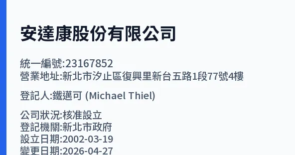 安達康股份有限公司的照片-統編 23167852(新北市) 公司登記資料與營業項目詳細圖表