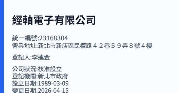 經軸電子有限公司的照片-統編 23168304(新北市) 公司登記資料與營業項目詳細圖表