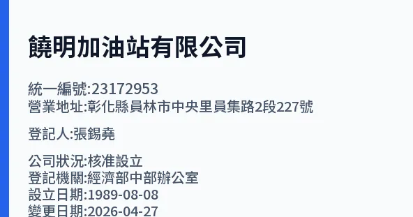 饒明加油站有限公司的照片-統編 23172953(彰化縣) 公司登記資料與營業項目詳細圖表