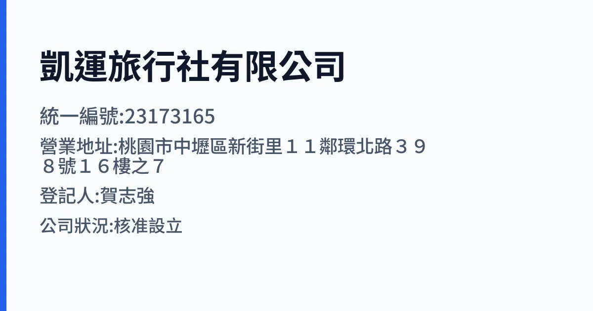 凱運旅行社有限公司 - 統編 23173165(桃園市) 公司登記資料與營業項目詳細圖表
