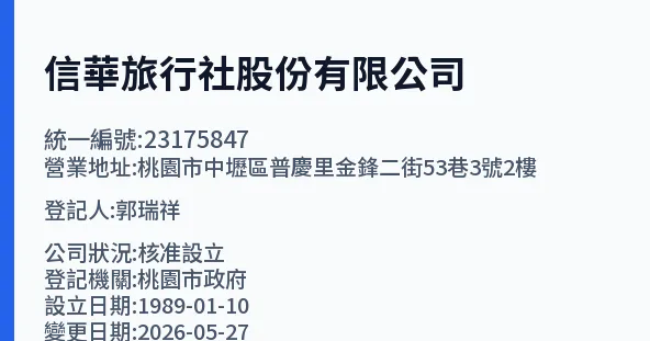 信華旅行社股份有限公司的照片-統編 23175847(桃園市) 公司登記資料與營業項目詳細圖表