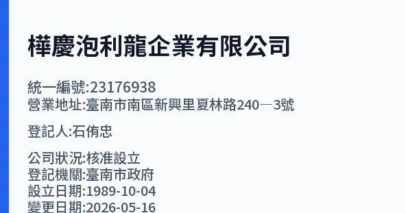 樺慶泡利龍企業有限公司的照片-統編 23176938(臺南市) 公司登記資料與營業項目詳細圖表