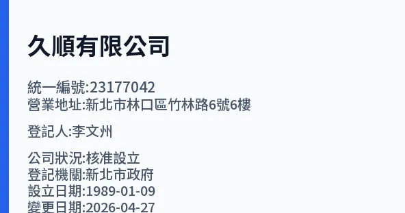 久順有限公司的照片-統編 23177042(新北市) 公司登記資料與營業項目詳細圖表