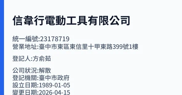 信韋行電動工具有限公司的照片-統編 23178719(臺中市) 公司登記資料與營業項目詳細圖表