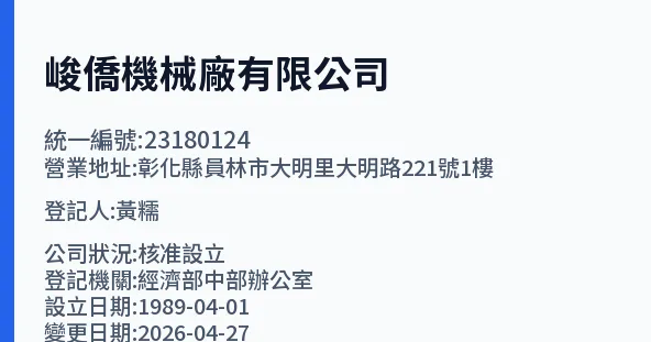 峻僑機械廠有限公司的照片-統編 23180124(彰化縣) 公司登記資料與營業項目詳細圖表