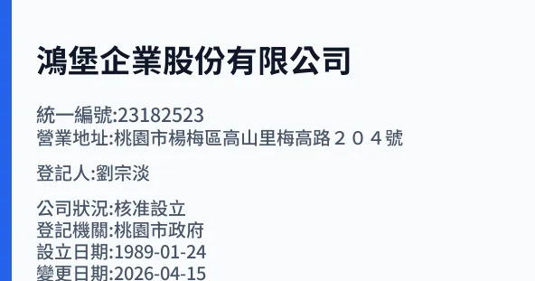 鴻堡企業股份有限公司的照片-統編 23182523(桃園市) 公司登記資料與營業項目詳細圖表