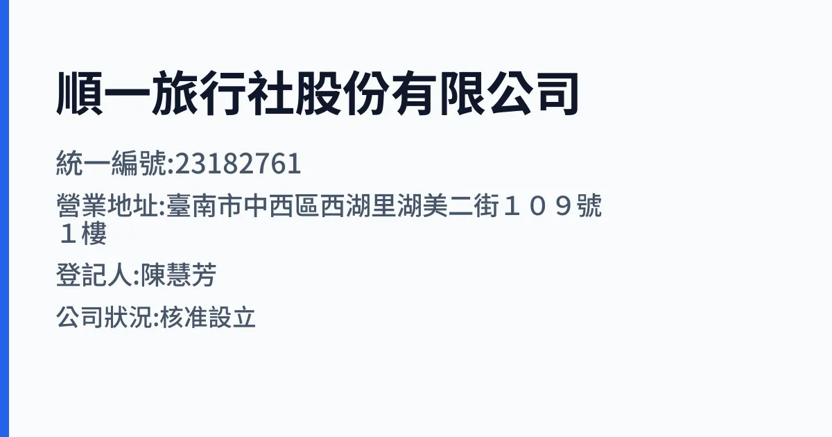 順一旅行社股份有限公司 - 統編 23182761(臺南市) 公司登記資料與營業項目詳細圖表