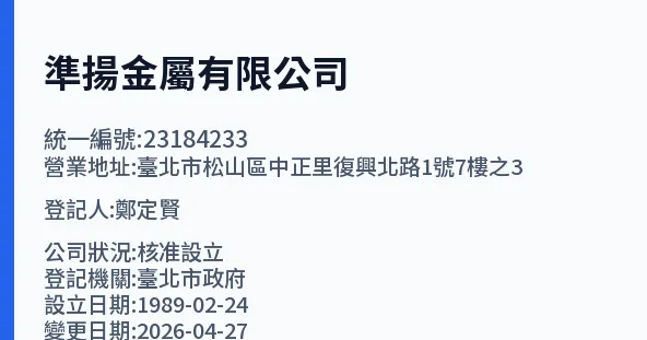準揚金屬有限公司的照片-統編 23184233(臺北市) 公司登記資料與營業項目詳細圖表