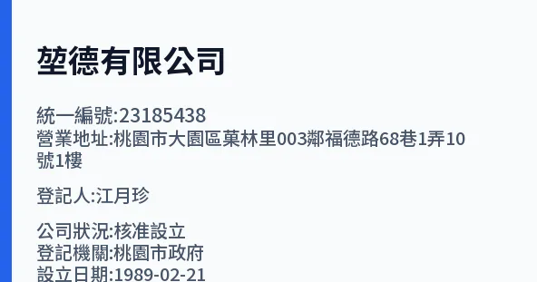 堃德有限公司的照片-統編 23185438(桃園市) 公司登記資料與營業項目詳細圖表