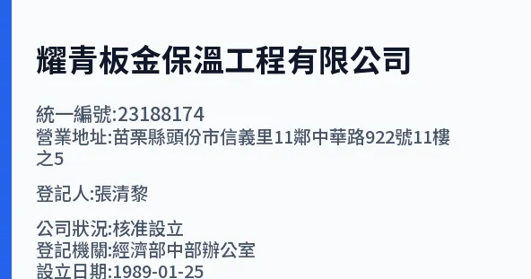 耀青板金保溫工程有限公司的照片-統編 23188174(苗栗縣) 公司登記資料與營業項目詳細圖表